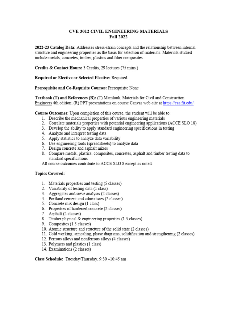 Civil Engineering Materials Course CVE 3012 | PDF | Concrete | Engineering