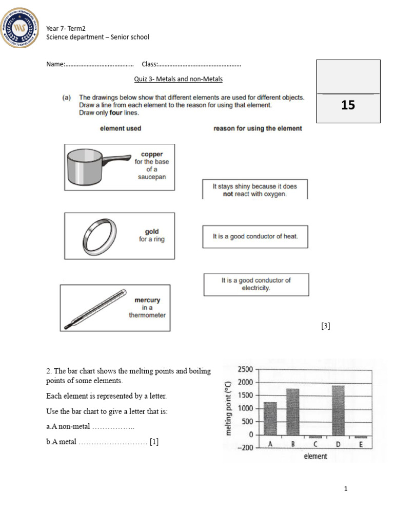 Quiz 3 Metals and Non-Metals Quiz | PDF | Metals | Ductility
