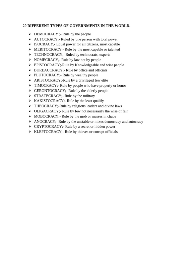 20 Types of Government Explained | PDF