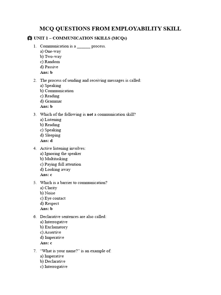 MCQ QUESTIONS FROM EMPLOYABILITY SKILL | PDF | Green Job | Part Of Speech