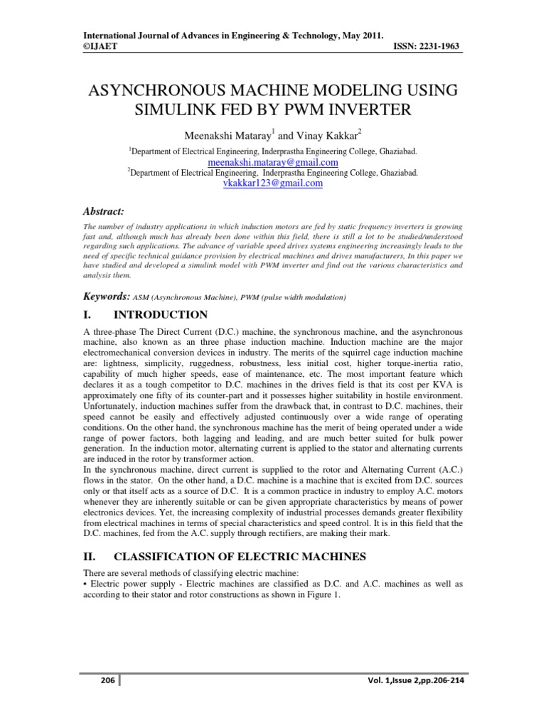 25asynchronous Machine Modeling Using Simulink Fed By Pwm Inverter Copyright Ijaet Pdf Power