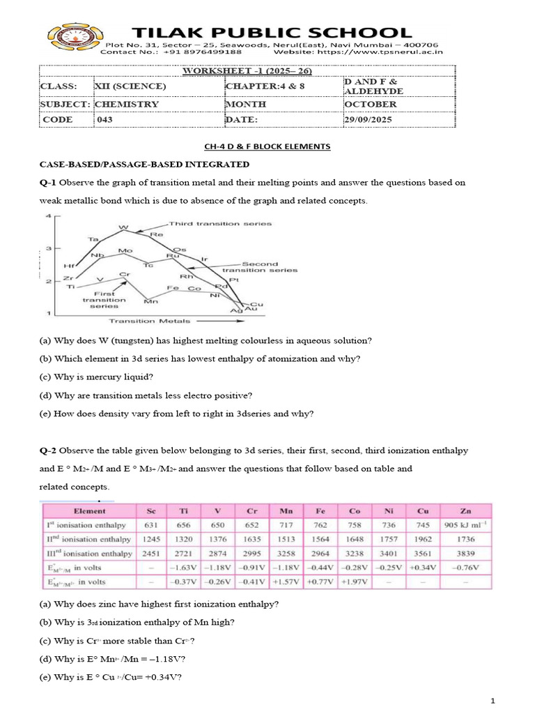 Xii Chemistry Worksheet October 25-26 | PDF | Transition Metals | Materials