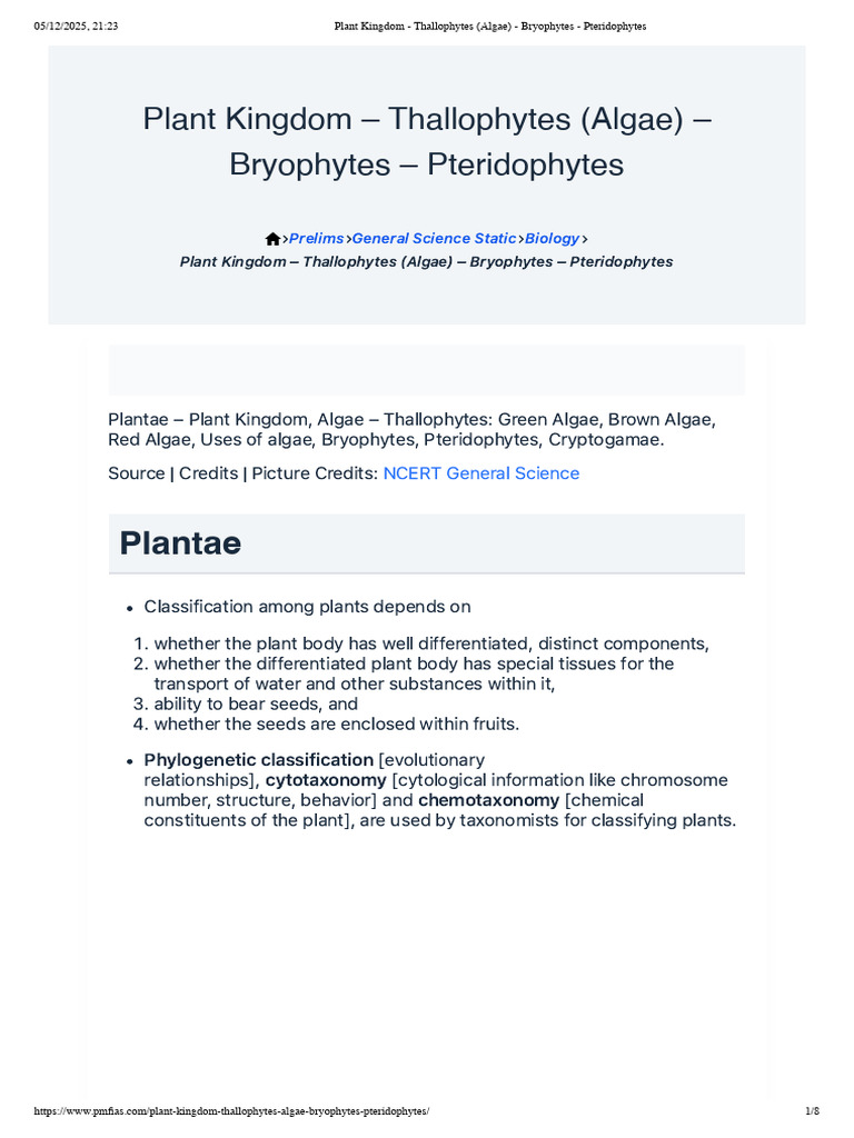 Plant Kingdom - Thallophytes (Algae) - Bryophytes - Pteridophytes | PDF ...