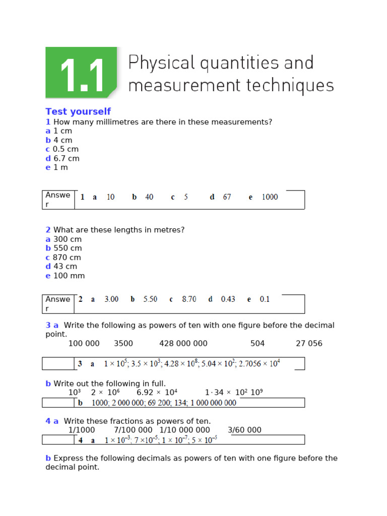 1.1 Physical Quantities and Measuring Techniques | PDF | Volume | Area