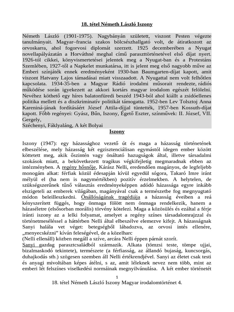 18. Tétel Németh László Iszony-DeSKTOP-QBRVD6P | PDF