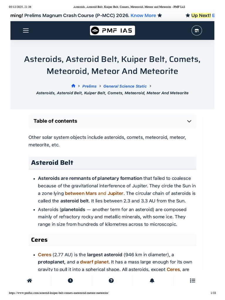 Asteroids, Asteroid Belt, Kuiper Belt, Comets, Meteoroid, Meteor and ...