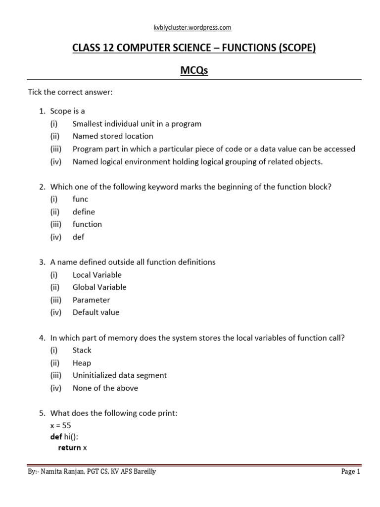 Class 12 Computer Science MCQs on Functions | PDF | Variable (Computer ...