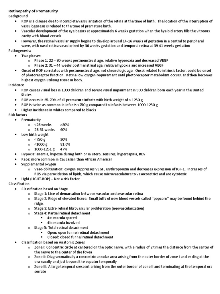 Retinopathy of Prematurity - Handout | PDF | Retina | Health Sciences