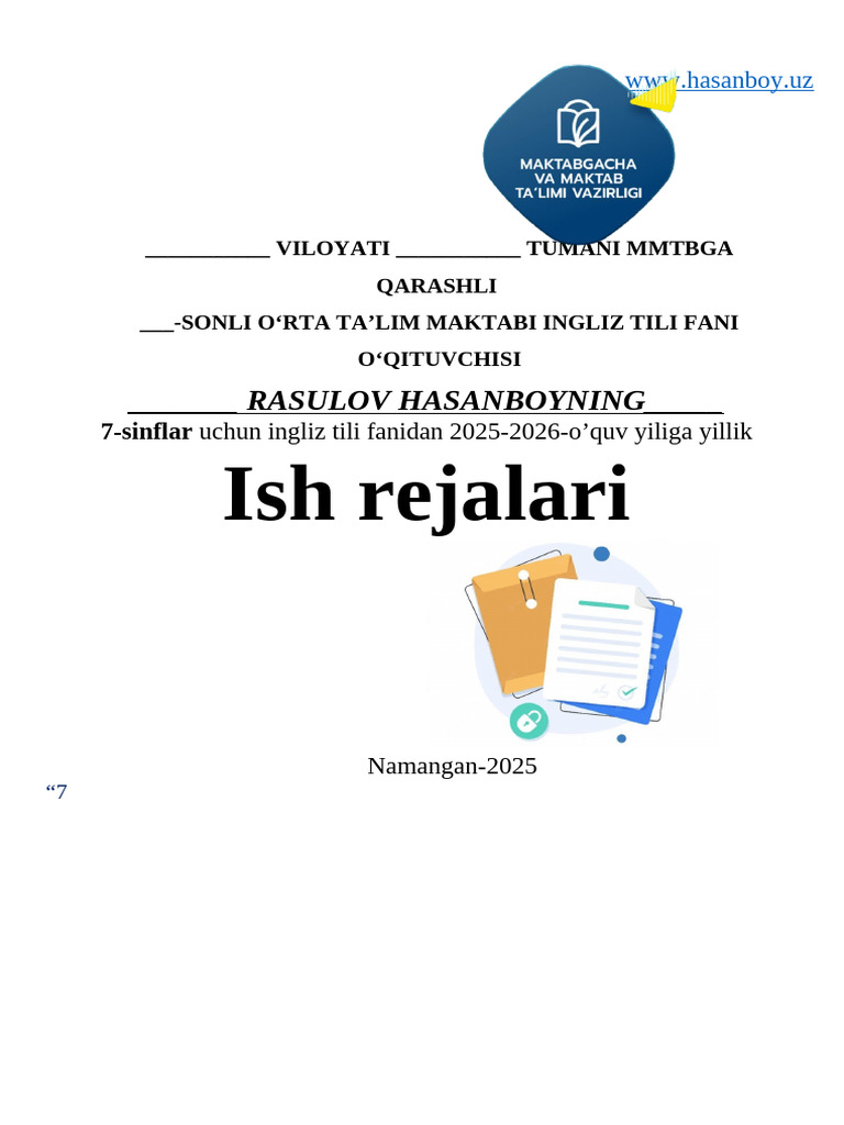 7-Sinf Ingliz Tili Ish Reja 2025 | PDF