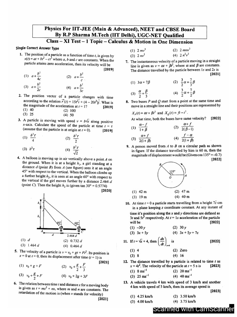 Class XI Test-1 Calculus & Motion in 1D | PDF