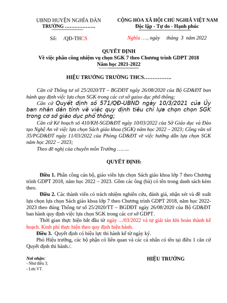 QĐ Thành Phân Công NV Chon SGK 7 | PDF