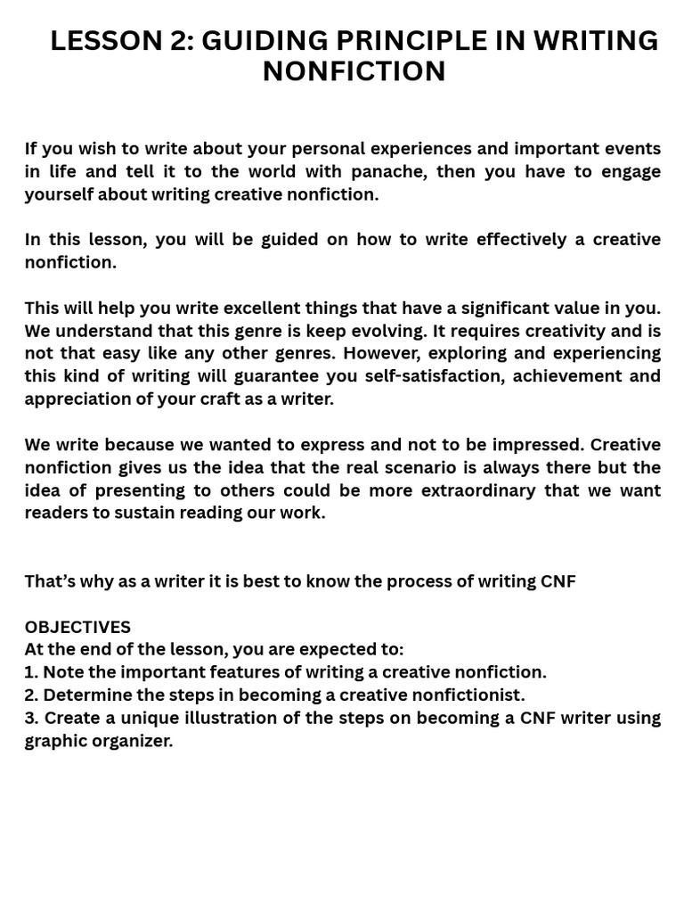 Lesson 2. Creative Nonfiction. Guiding Principle in Writing Nonfiction ...