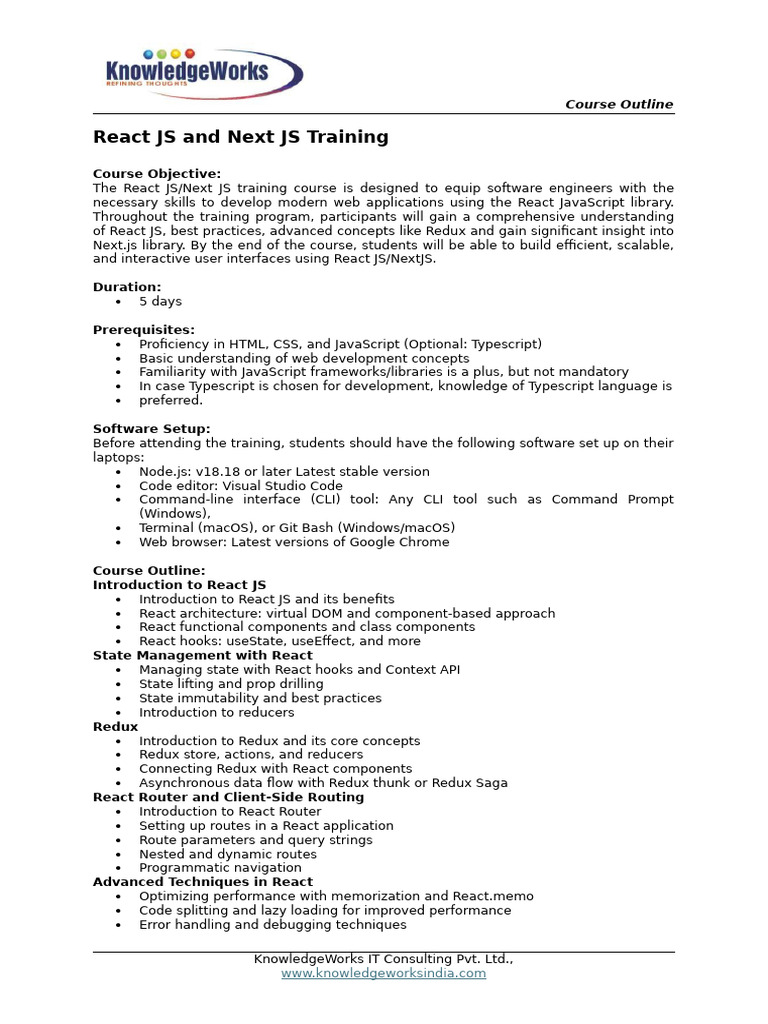 Course Outline - React JS and Next JS Training | PDF | Software Engineering | Computer Programming