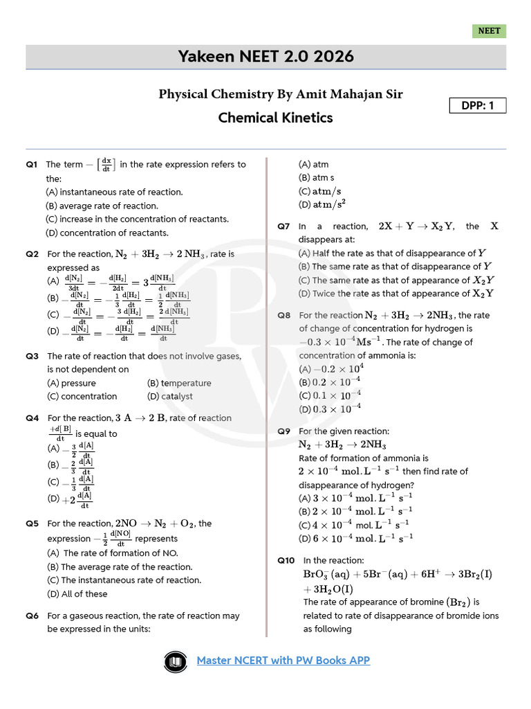 Chemical Kinetics : DPP 01 (of Lec 03) || Physical Chemistry by Amit Mahajan Sir | PDF ...