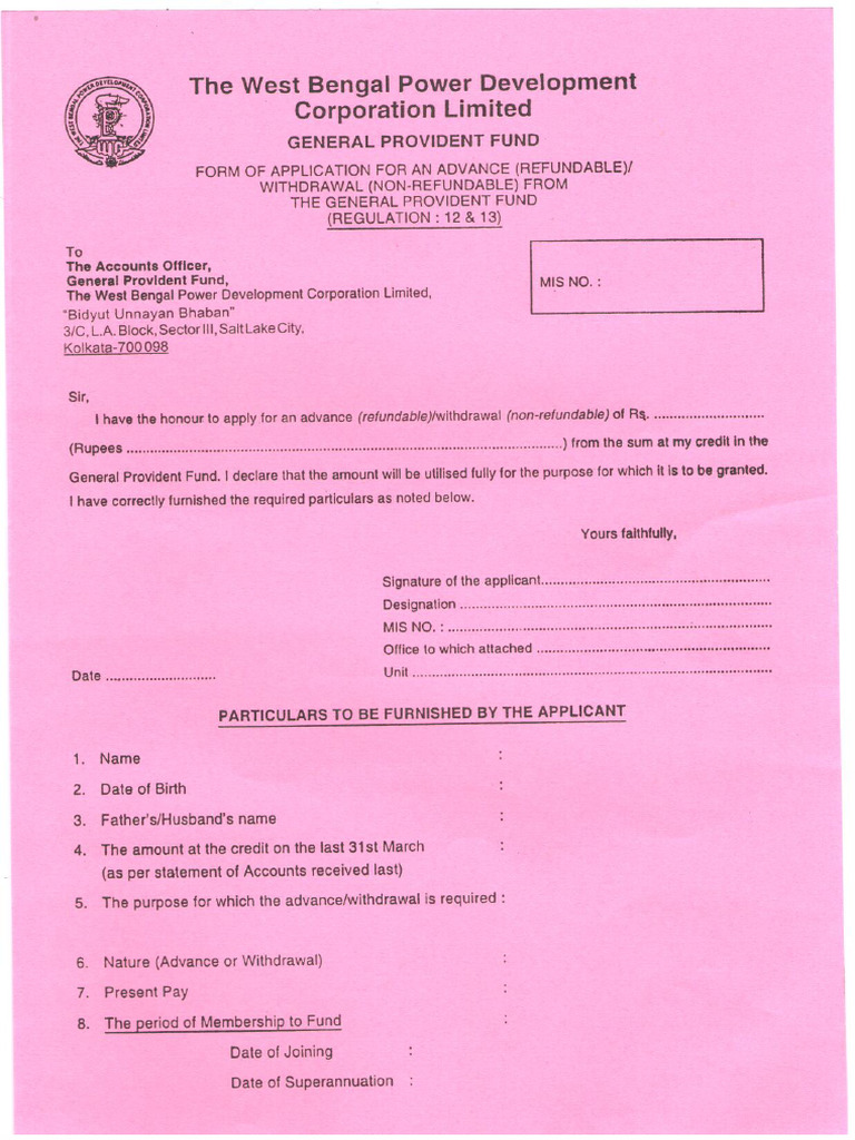General PF Application Format Refundable Non Refundable | PDF