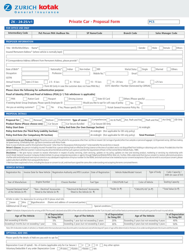 car-secure-proposal-form-zk-v1-24-25-18062024 | PDF | Cheque | Insurance