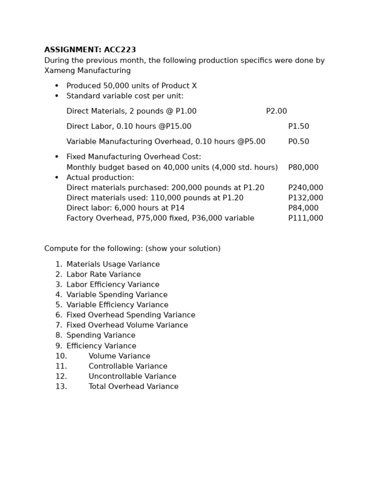 Assignment - Standard Costing and Variance Analysis | PDF