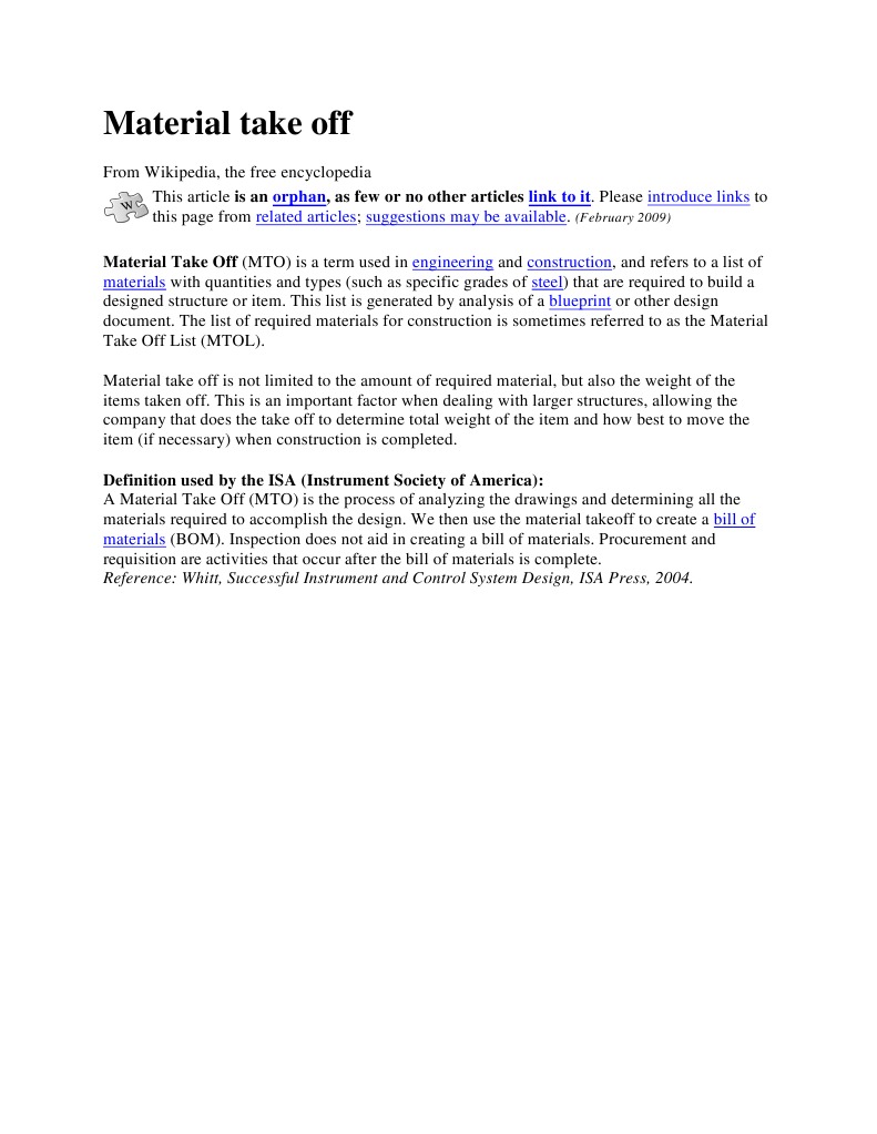 Material Take-Off (Definition) | PDF