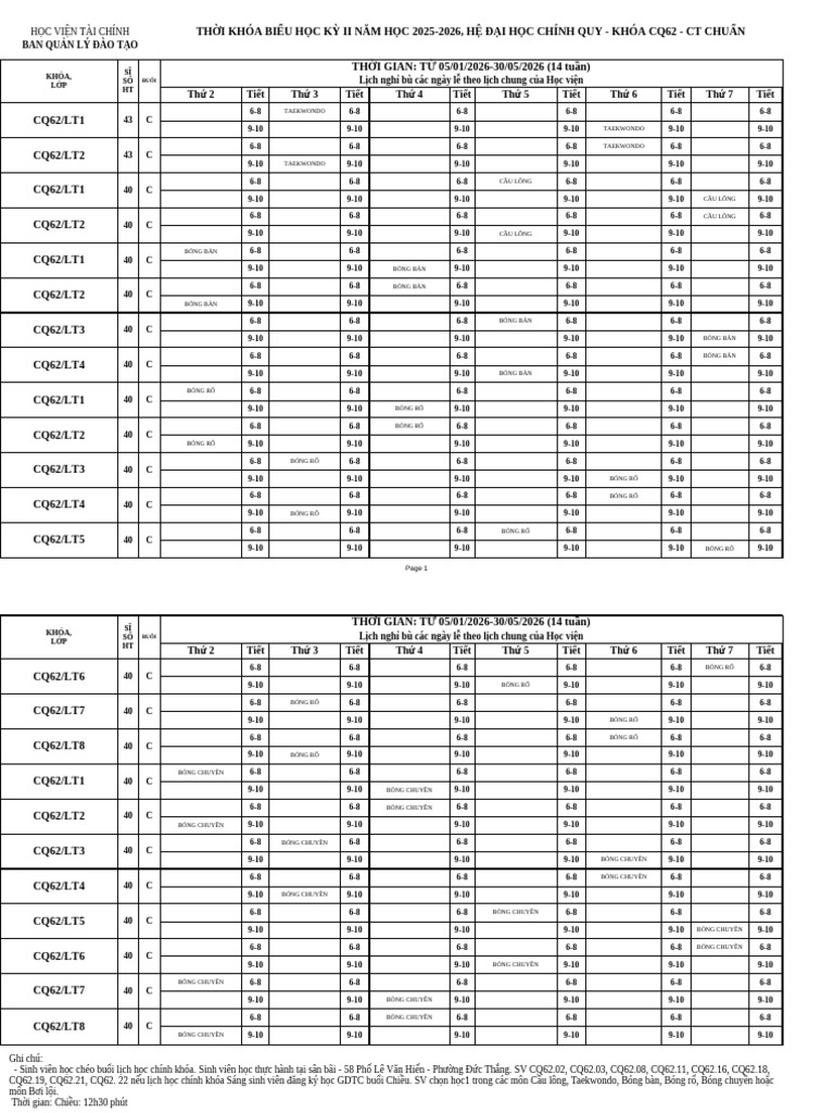 TKB GDTC HK2(25-26) CQ62 CT CHUẨN GDTC TỰ CHỌN - CHIỀU | PDF