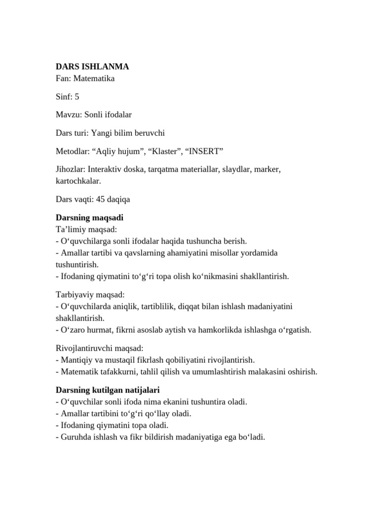 Dars Ishlanma Sonli Ifodalar | PDF