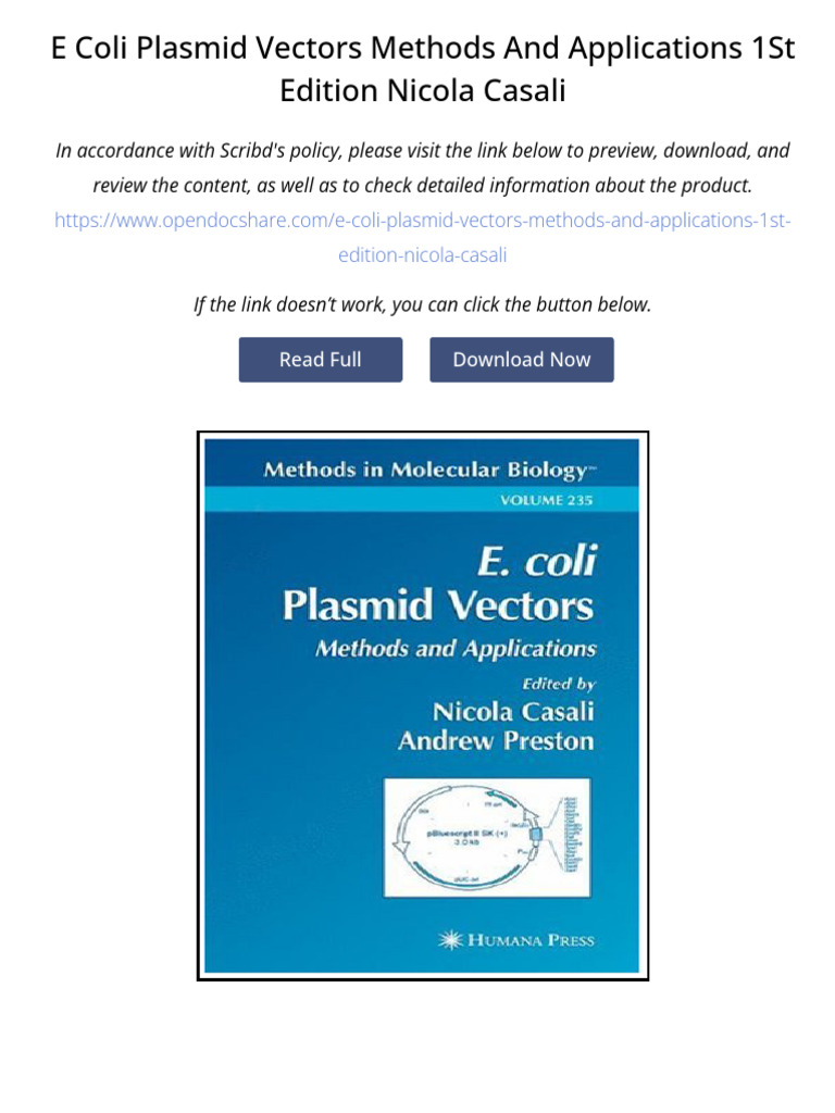 E Coli Plasmid Vectors Methods and Applications 1st Edition Nicola ...