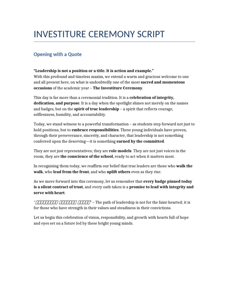 Extended Investiture Ceremony Script | PDF | Humility | Leadership
