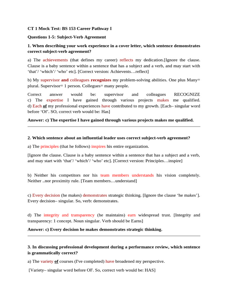 Subject-Verb Agreement Mock Test | PDF | Verb | Grammatical Number