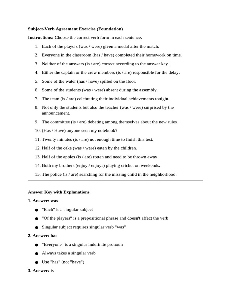Subject-Verb Agreement Practice Exercise | PDF | Plural | Grammatical ...