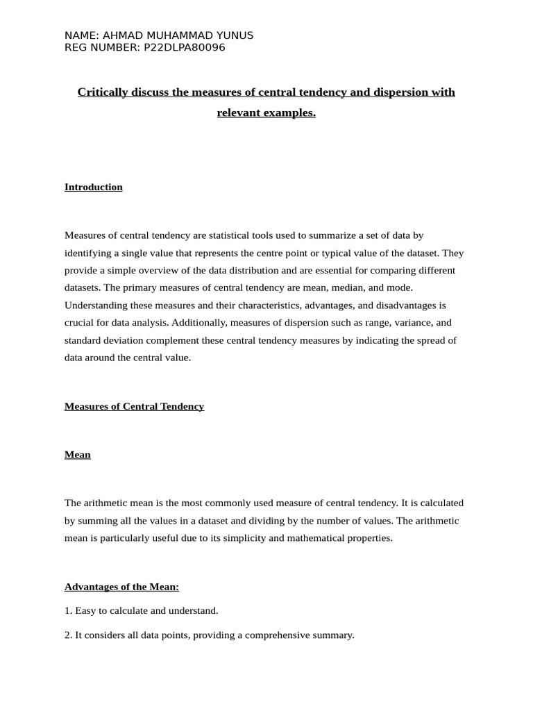 Critically Discuss The Measures of Central Tendency and Dispersion With ...