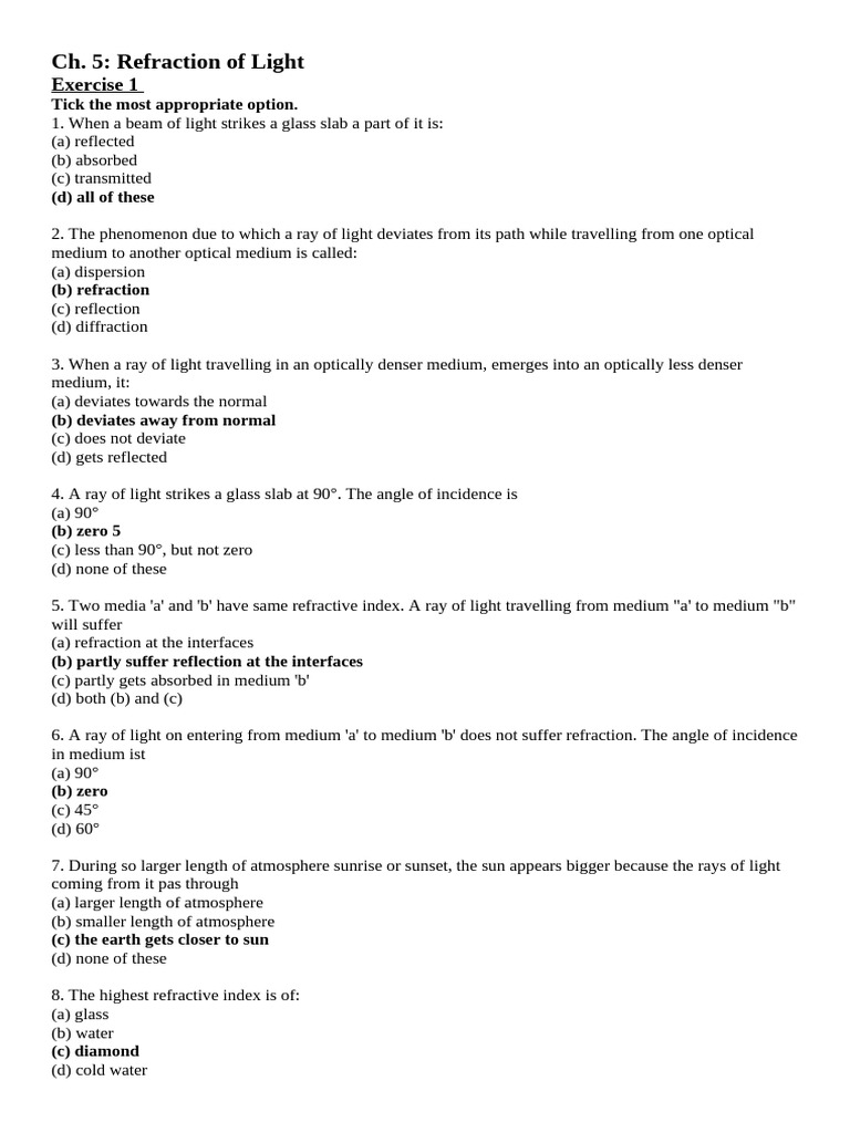 MCQ of Refrection of Light(Revised) | PDF | Refraction | Refractive Index