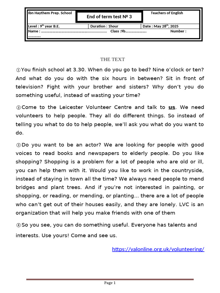 9th Grade Test | PDF | Volunteering | Human Communication