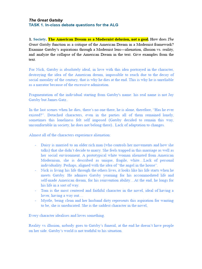 Task 1 - Questions For Debate The Great Gatsby. | PDF | The Great ...