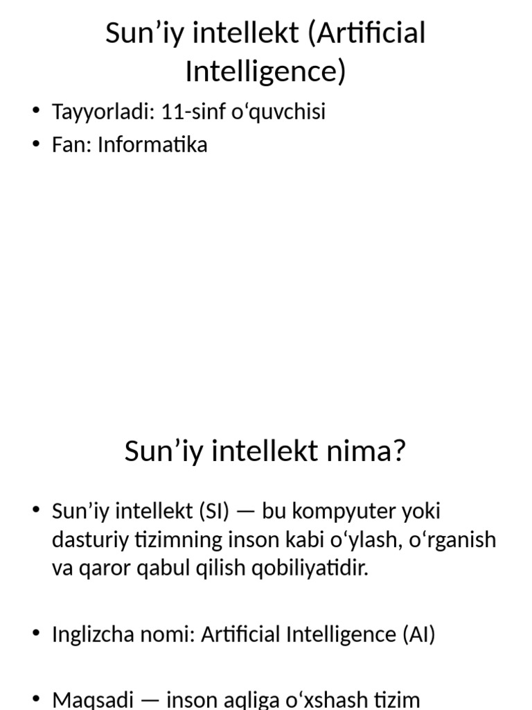Suniy Intelekt Prezentatsiya 11sinf | PDF