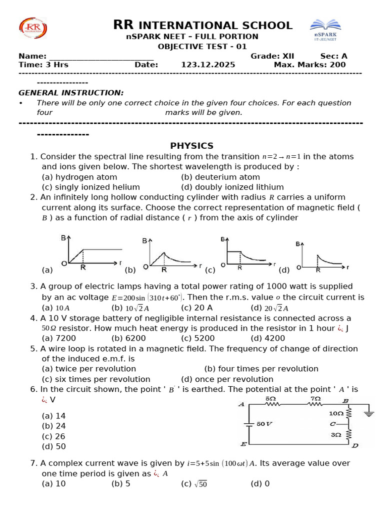 Rr. G 12. Physics - Full Portion - Ot - 01 | PDF | Photoelectric Effect ...