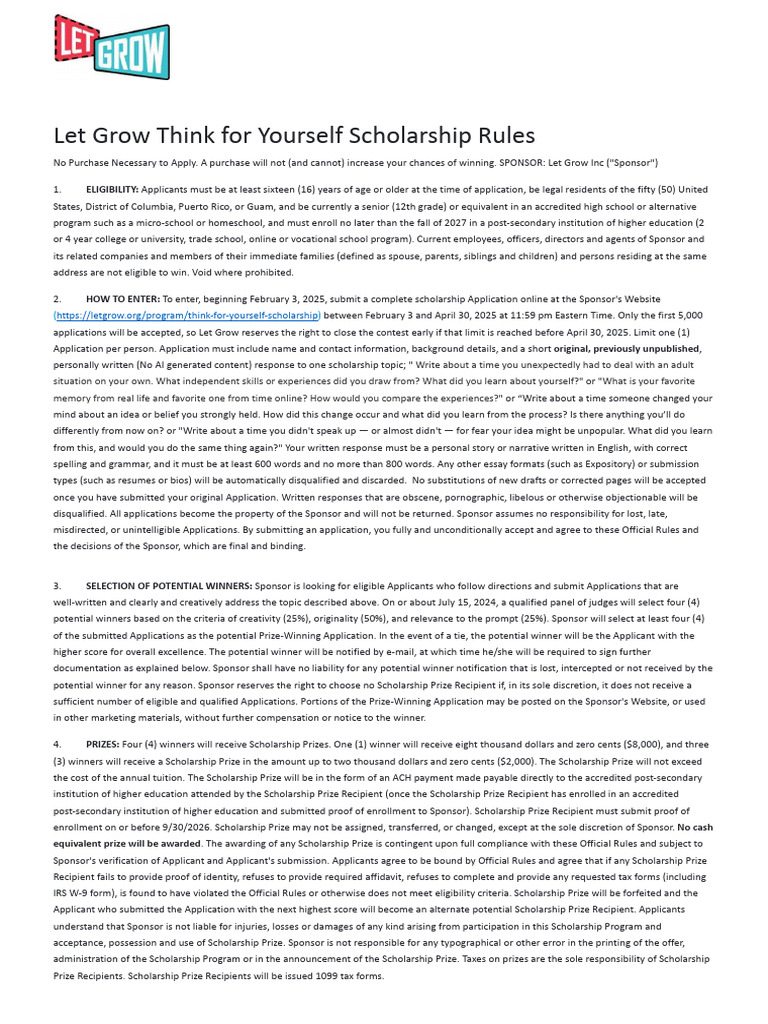 2025 Let Grow Think For Yourself Scholarship Rules | PDF | Damages ...