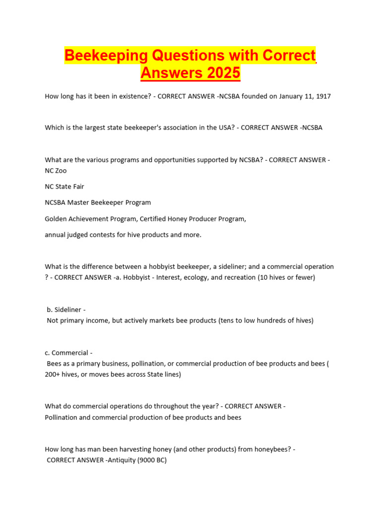 Beekeeping Questions With Correct Answers 2025 | PDF | Honey Bee | Bees