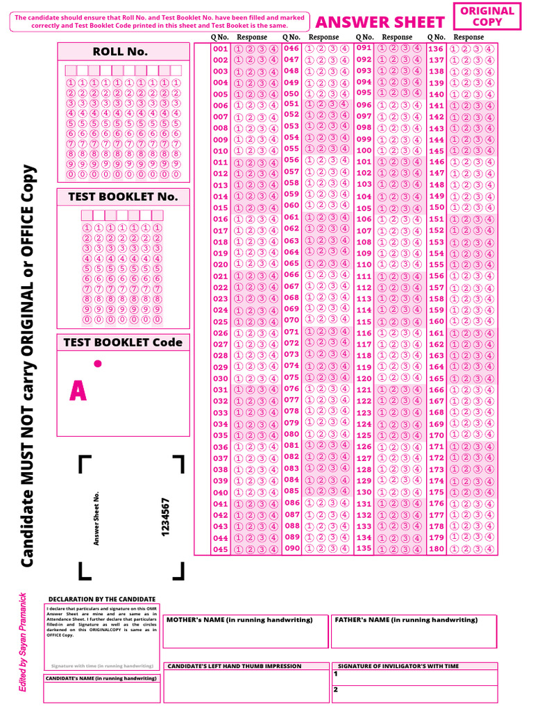 Original NEET OMR 180 QUESTION(Edited by Sayan Pramanick) | PDF
