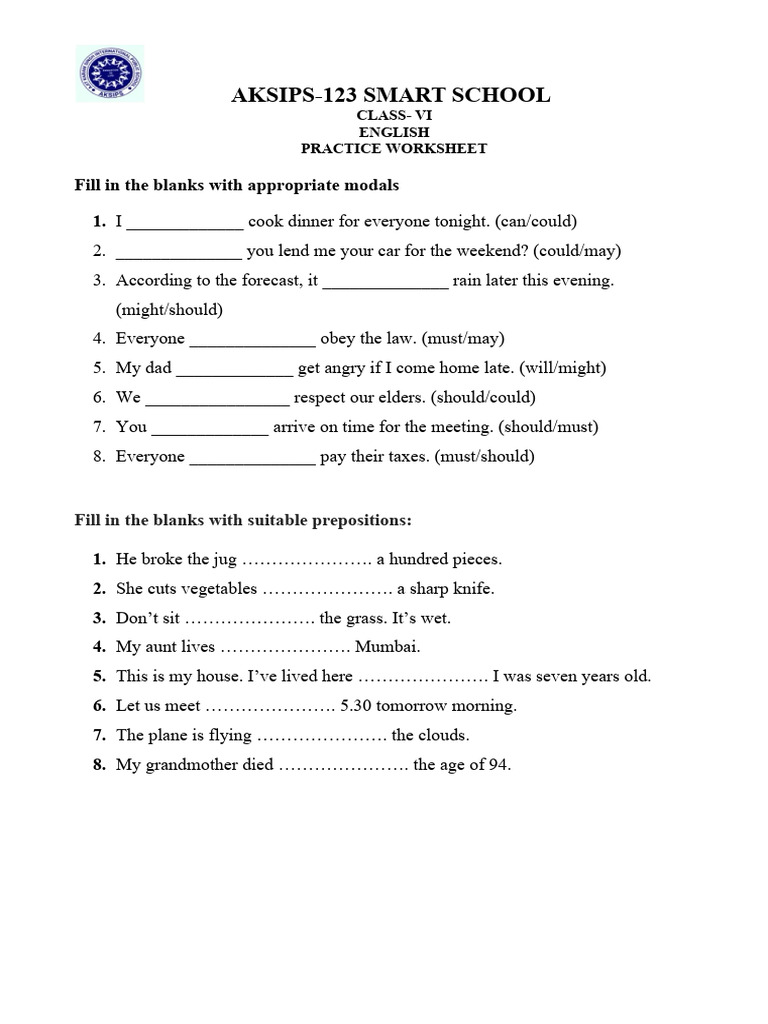 Class VI English Modals & Prepositions Worksheet | PDF