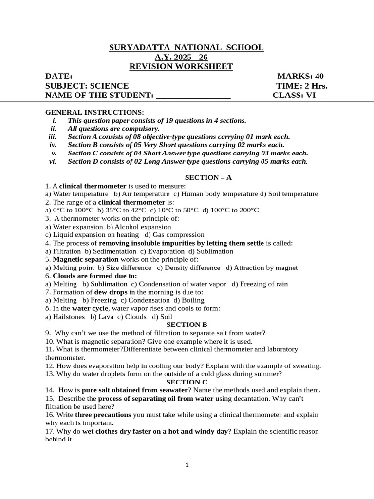 Class VI Science Revision Worksheet 2025 | PDF | Water | Water Vapor