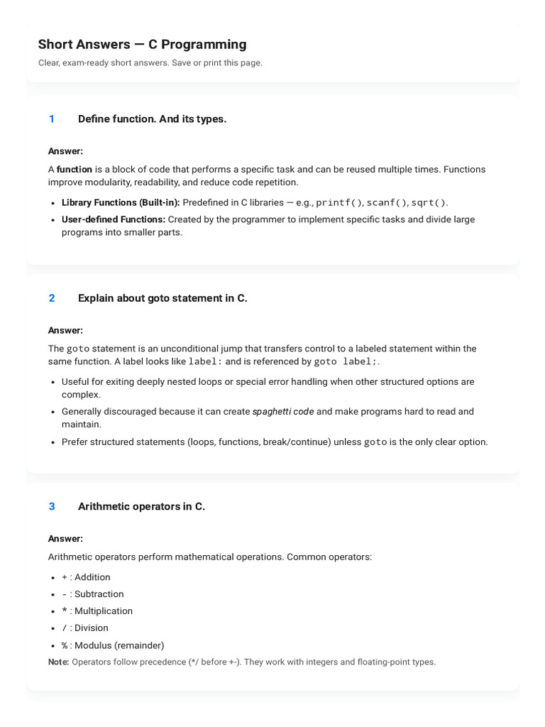 Short Answers - C Programming | PDF