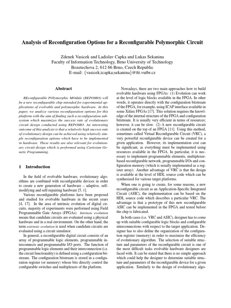 Analysis of Reconfiguration Options For A Reconfigurable Polymorphic Circuit | PDF | Field ...