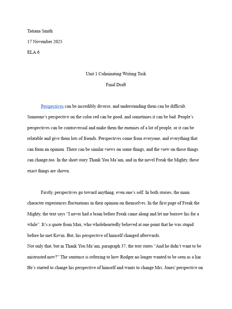 Tatiana Smith - Unit 1 Culminating Writing Task - 18973889 | PDF