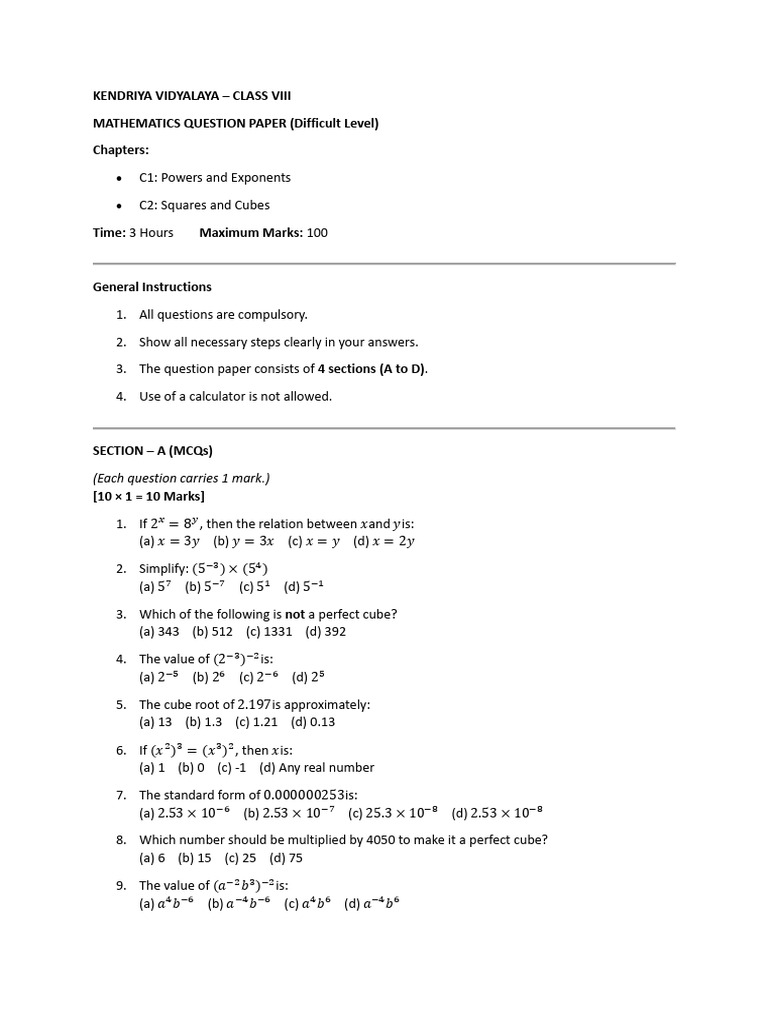 Class VIII Math Exam: Powers & Exponents | PDF | Numbers | Discrete ...
