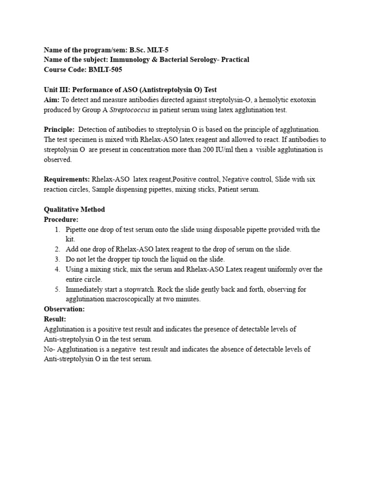 Performance of ASO (Antistreptolysin O) Test | PDF | Immunology ...