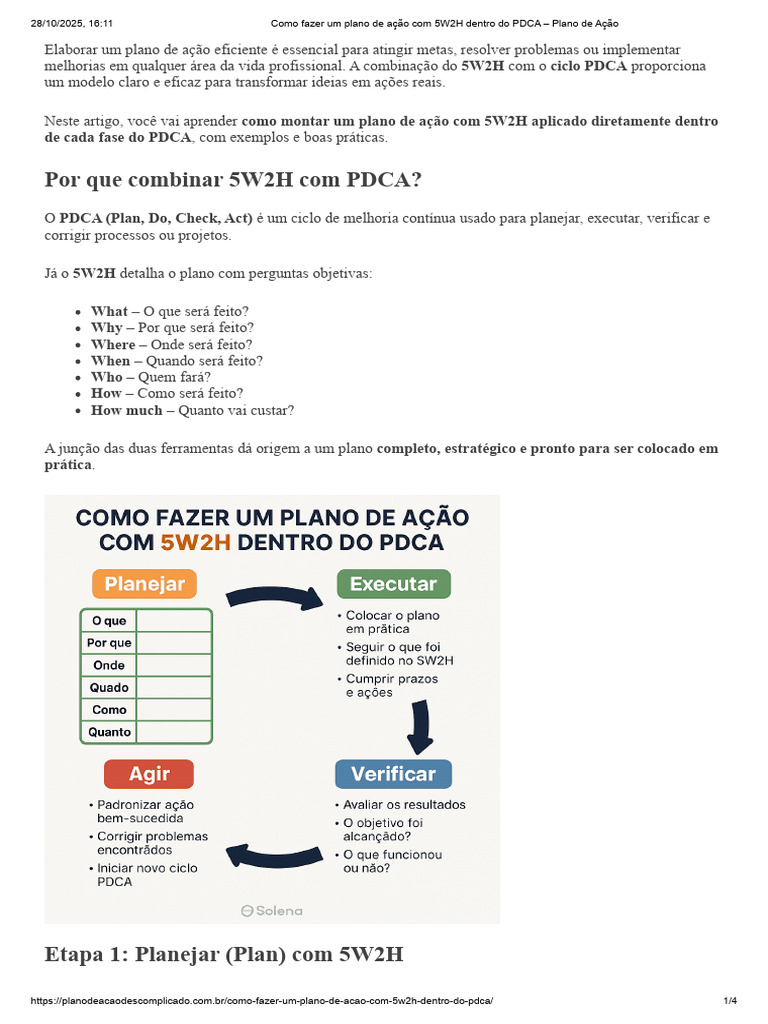 Plano de Ação: 5W2H e PDCA Integrados | PDF