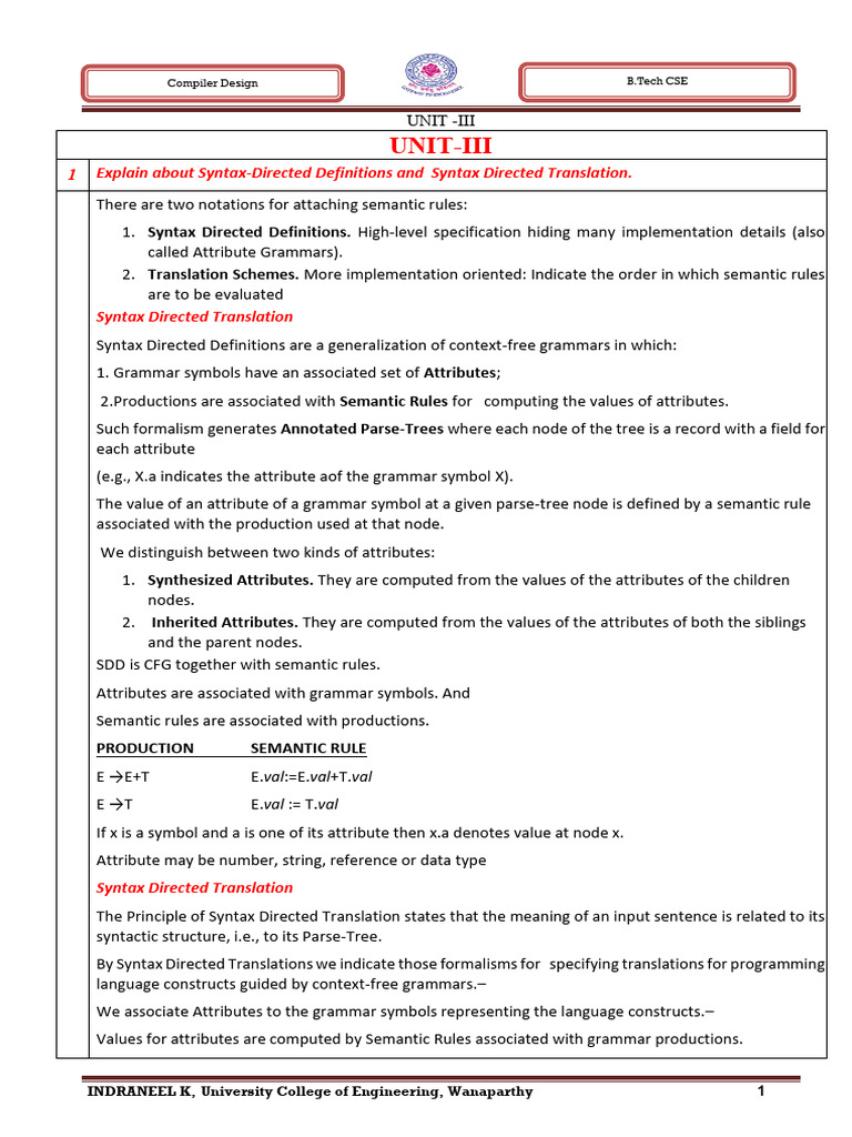3 unit SDD SDT | PDF | Compiler | Variable (Computer Science)