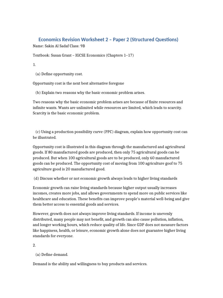 Economics Revision Worksheet for IGCSE | PDF | Demand | Elasticity ...