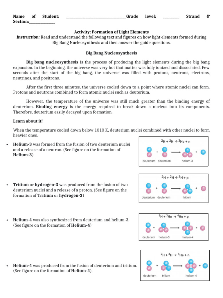 Activity Formation of Light Elements 2 | PDF | Deuterium | Neutron