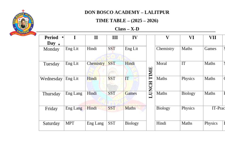 Don Bosco Academy Class X-D Timetable 2025-26 | PDF