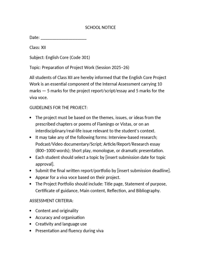 Class XII English Core Project Guidelines | PDF